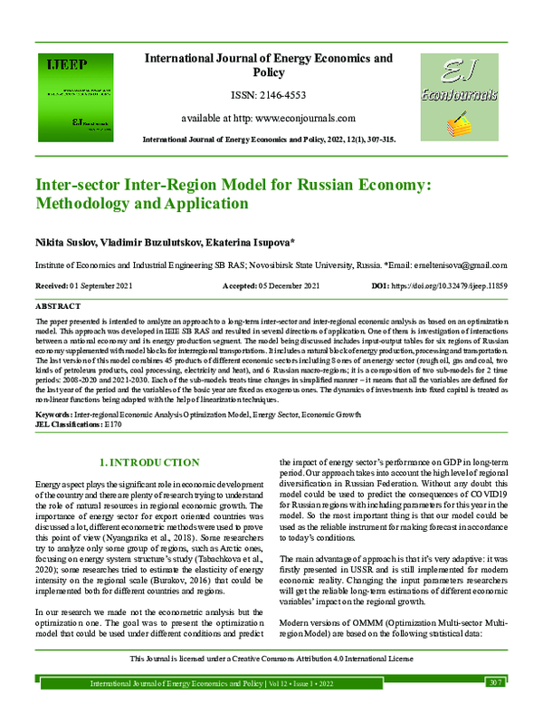 (PDF) Inter-sector Inter-Region Model for Russian Economy: Methodology ...