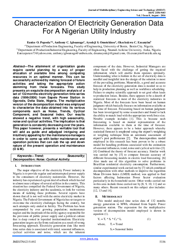 (PDF) Characterization Of Electricity Generation Data For A Nigerian Utility Industry