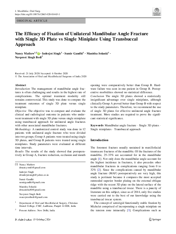 (PDF) The Efficacy of Fixation of Unilateral Mandibular Angle Fracture ...