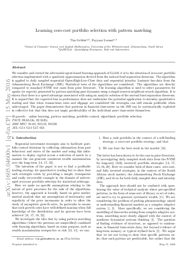 (PDF) Learning zero-cost portfolio selection with pattern matching ...