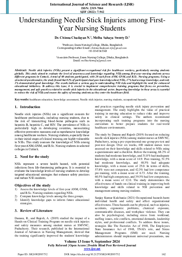 (PDF) Understanding Needle Stick Injuries among FirstYear Nursing Students