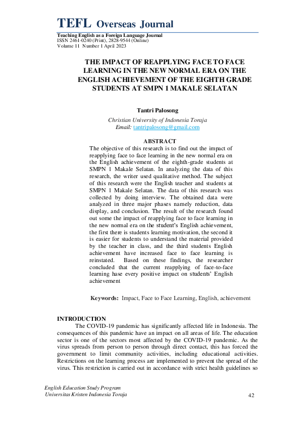 (PDF) The Impact of Reapplying Face to Face Learning in the New Normal ...