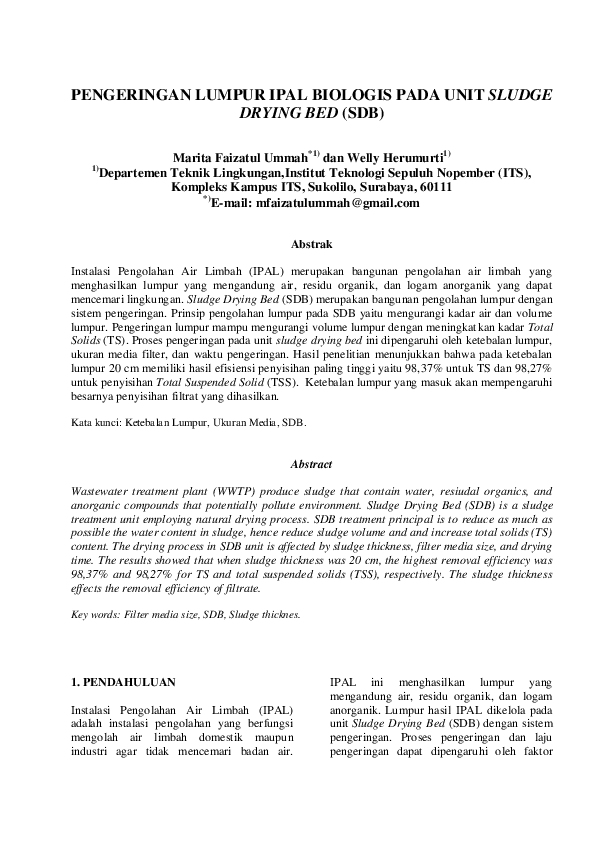 (PDF) Pengeringan Lumpur IPAL Biologis pada Unit Sludge Drying Bed (SDB)
