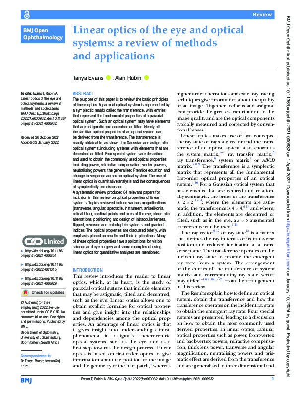 (PDF) Linear optics of the eye and optical systems: a review of methods ...