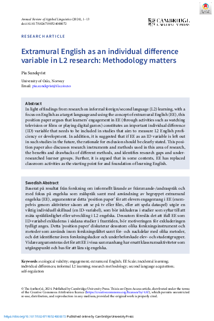 (PDF) Extramural English as an individual difference variable in L2 ...