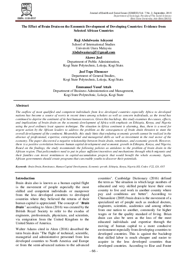 (PDF) The Effect of Brain Drain on the Economic Development of Developing Countries: Evidence ...