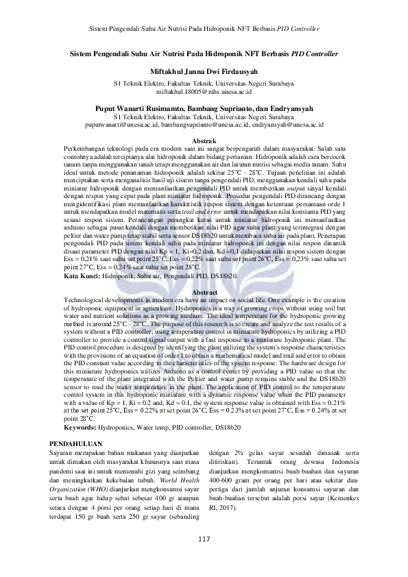 (PDF) Sistem Pengendali Suhu Air Nutrisi Pada Hidroponik NFT (Nutrient ... (PDF) Sistem Pengendali Suhu Air Nutrisi Pada Hidroponik NFT (Nutrient ...