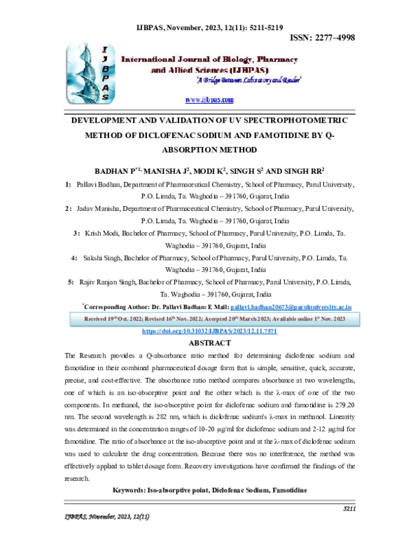 (PDF) Development and Validation of Uv Spectrophotometric Method of ...