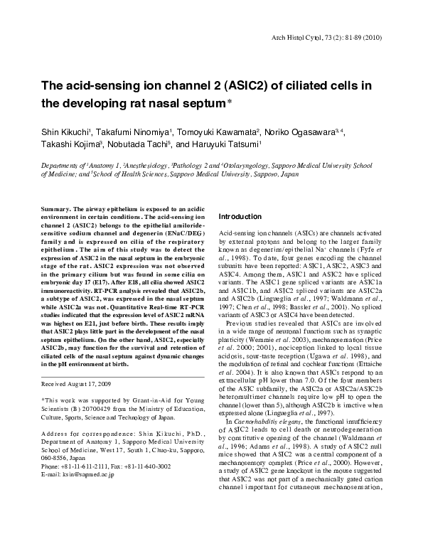 (PDF) The acid-sensing ion channel 2 (ASIC2) of ciliated cells in the ...