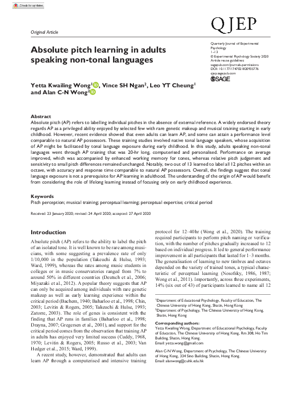 (PDF) Absolute pitch learning in adults speaking non-tonal languages