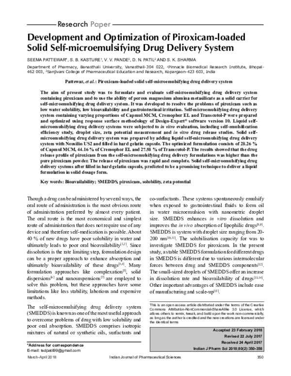 Pdf Development And Optimization Of Piroxicam Loaded Solid Self Micro Emulsifying Drug