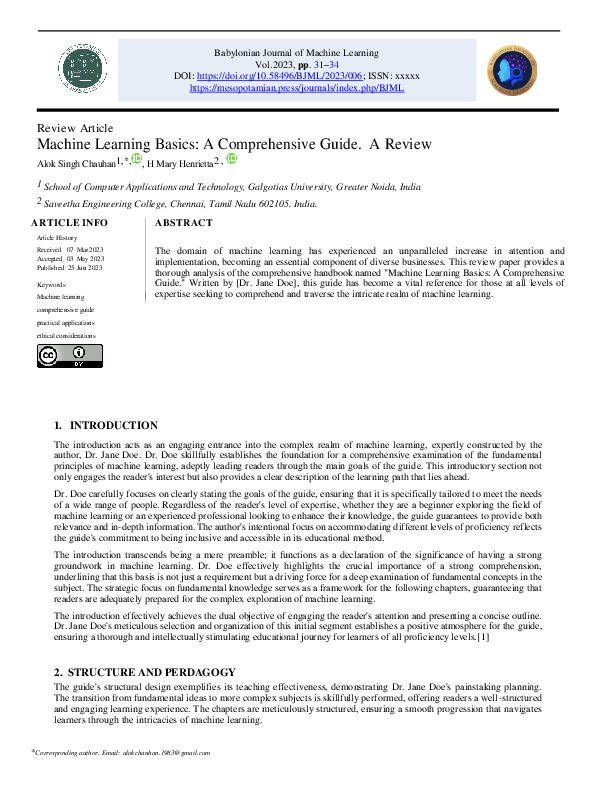 (PDF) Machine Learning Basics: A Comprehensive Guide. A Review