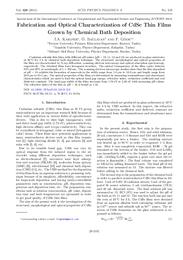 (PDF) Fabrication and Optical Characterization of CdSe Thin Films Grown by Chemical Bath Deposition