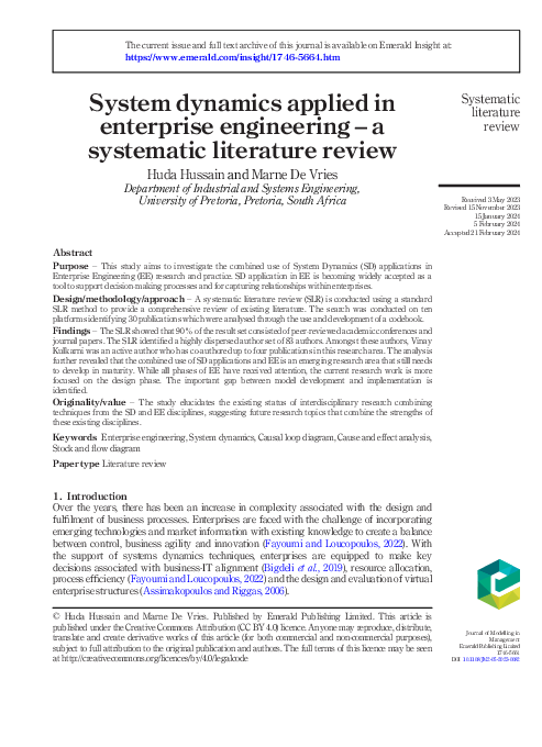 (PDF) System dynamics applied in enterprise engineering – a systematic ...