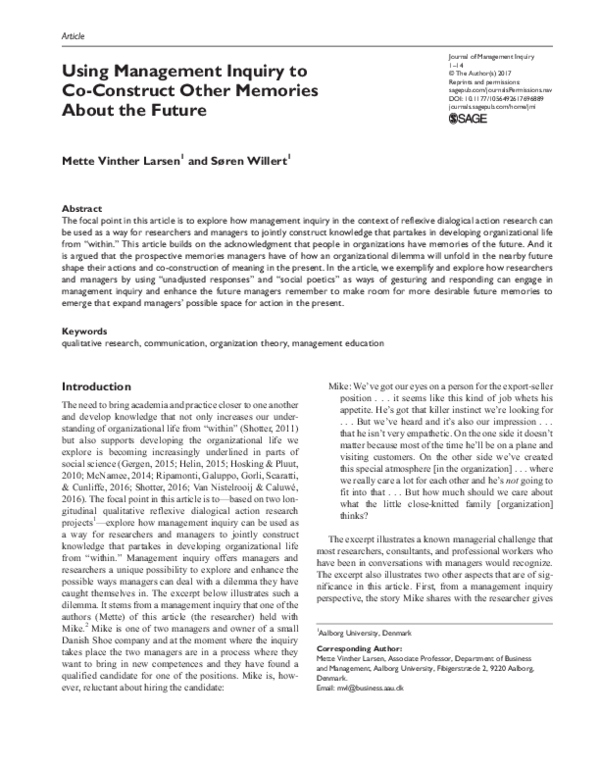 (PDF) Using Management Inquiry to Co-Construct Other Memories About the ...