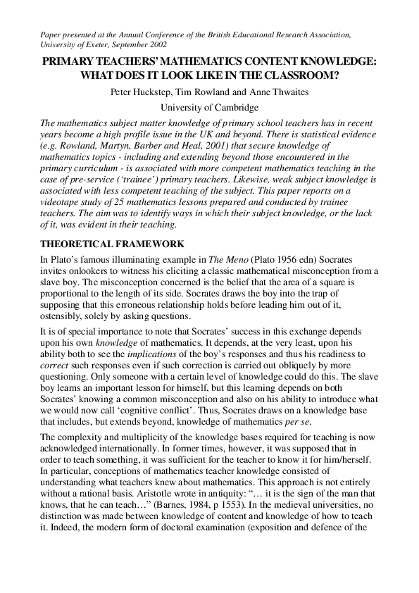 (PDF) Primary Teachers' Mathematics Content Knowledge: What Does It ...