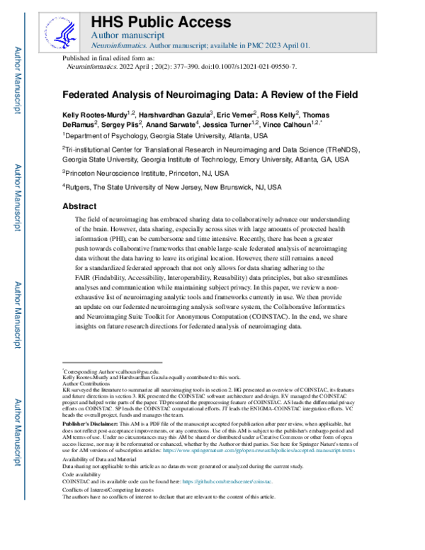 (PDF) Federated Analysis of Neuroimaging Data: A Review of the Field