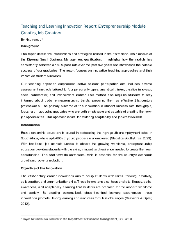 (PDF) Teaching and Learning Innovation Report- Entrepreneurship Module Creating Job Creators