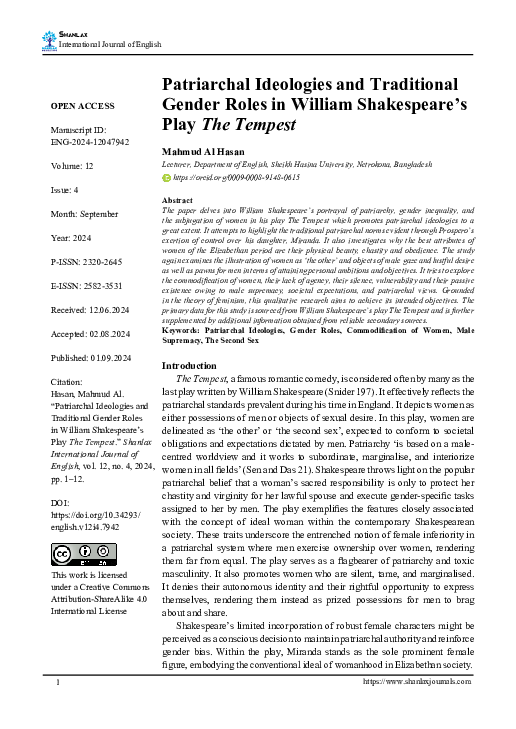 (PDF) Patriarchal Ideologies and Traditional Gender Roles in William ...