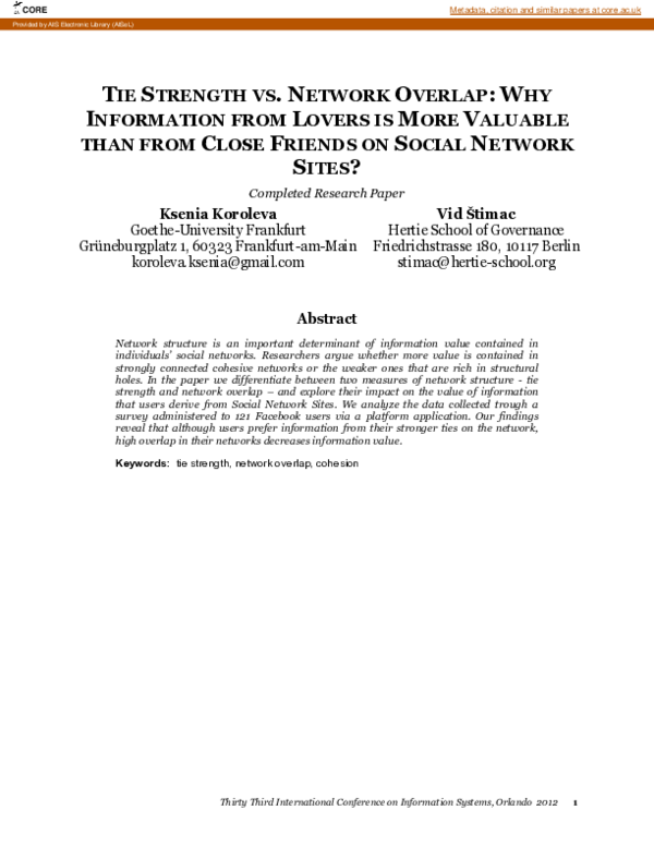 (PDF) Tie Strength vs. Network Overlap: Why Information from Lovers is ...