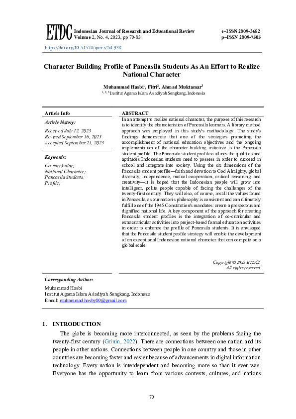 (PDF) Character Building Profile of Pancasila Students As An Effort to ...