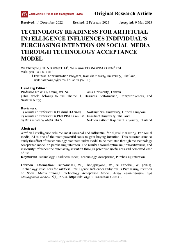 (PDF) Technology Readiness for Artificial Intelligence Influences Individual's Purchasing ...