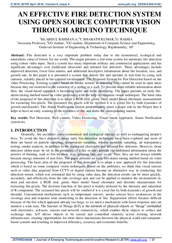 (PDF) An Effective Fire Detection System Using Open Source Computer Vision Through Arduino Technique