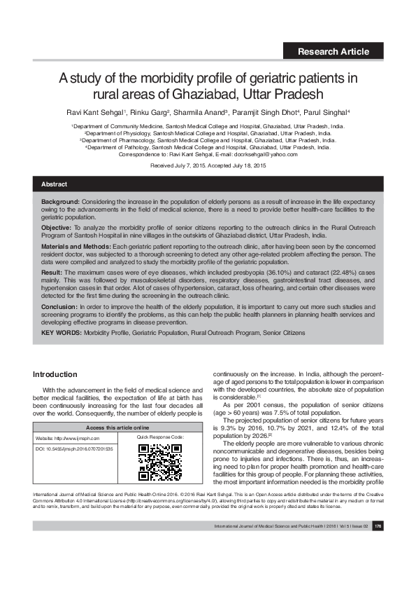 (PDF) A study of the morbidity profile of geriatric patients in rural areas of Ghaziabad, Uttar ...
