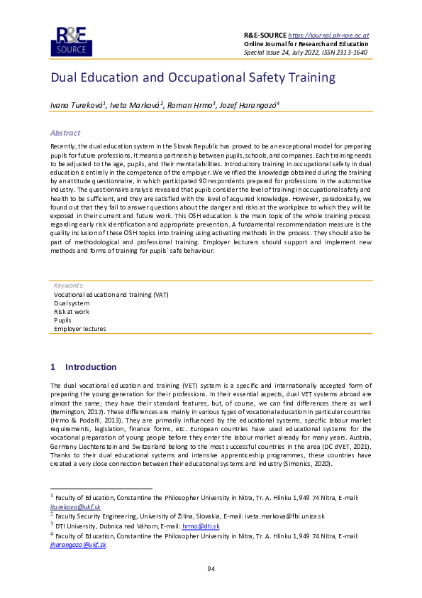 (PDF) Dual Education and Occupational Safety Training