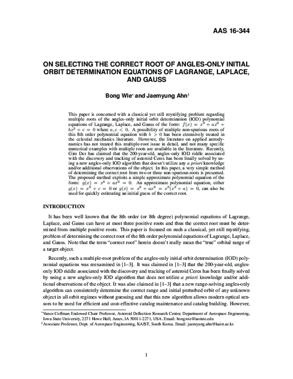 Pdf On Selecting The Correct Root Of Angles Only Initial Orbit Determination Equations Of