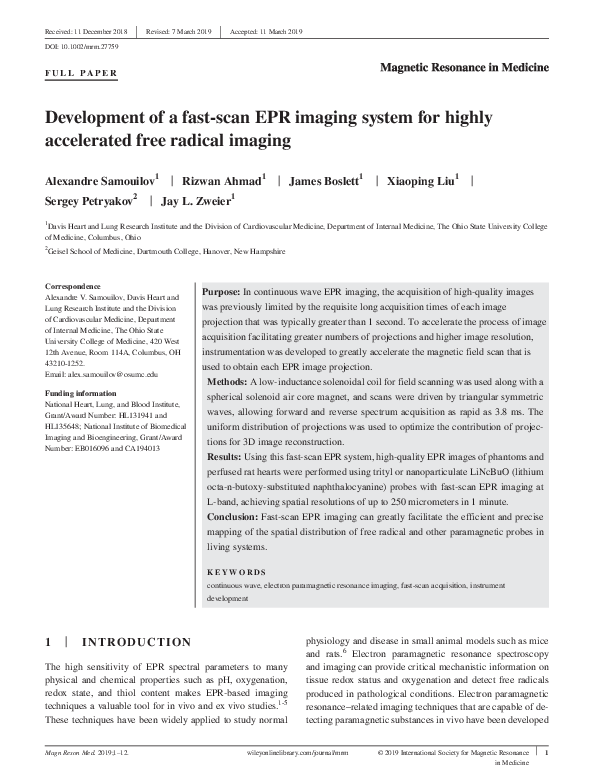 (PDF) Development of a fast‐scan EPR imaging system for highly accelerated free radical imaging