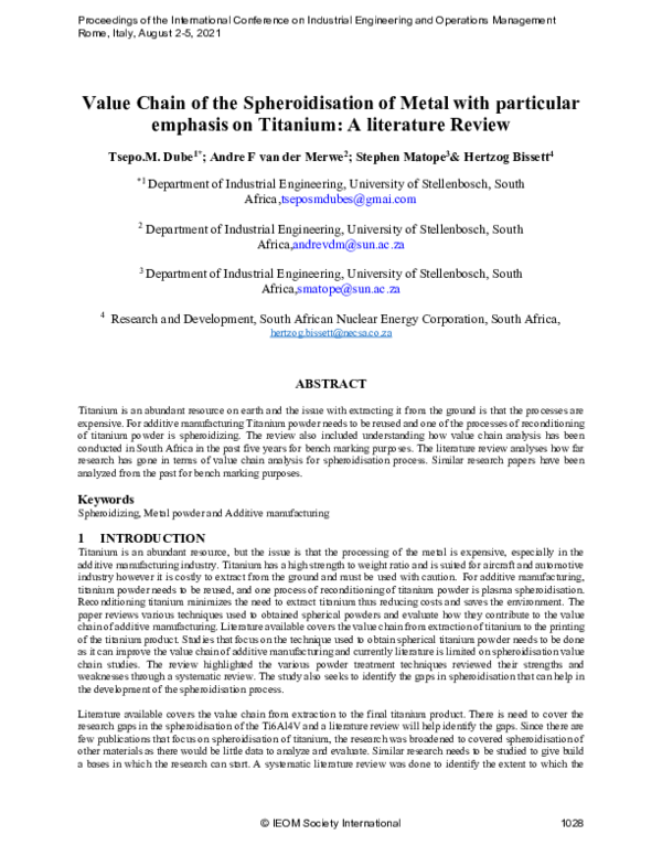 (PDF) Value Chain of the Spheroidisation of Metal with particular ...