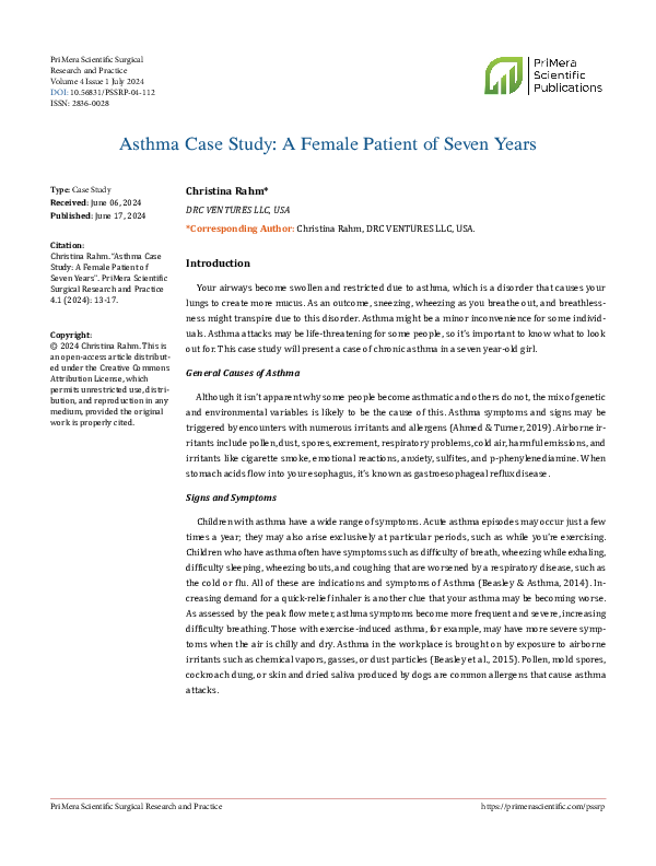 (PDF) Asthma Case Study: A Female Patient of Seven Years