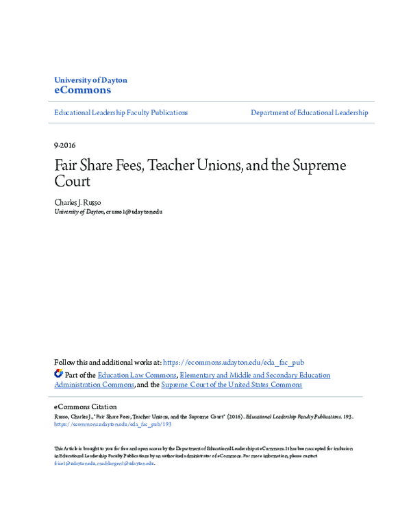(PDF) Fair Share Fees, Teacher Unions, and the Supreme Court