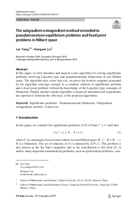 (PDF) The subgradient extragradient method extended to equilibrium problems