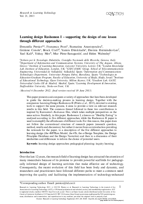 (PDF) Learning design Rashomon I - supporting the design of one lesson through different approaches