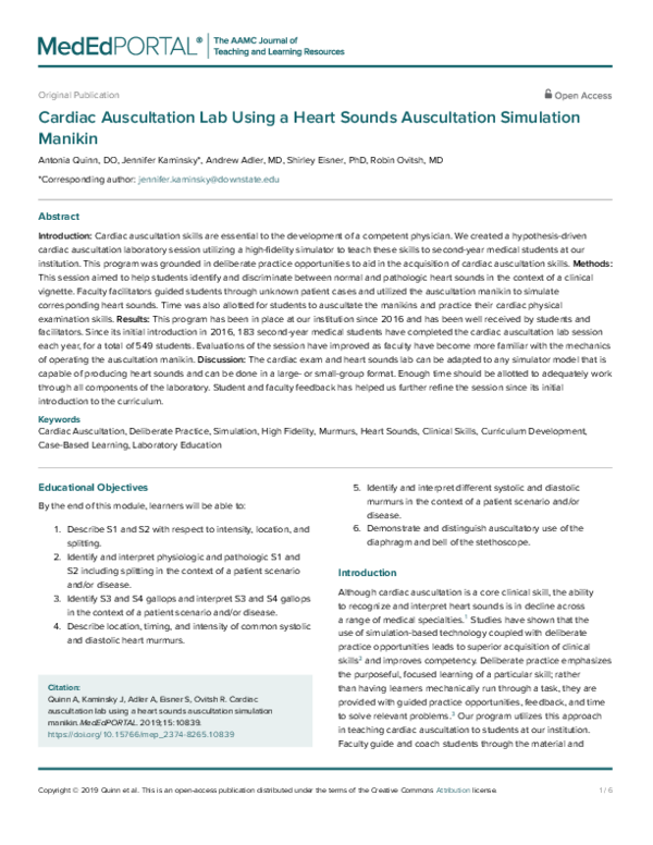 (PDF) Cardiac Auscultation Lab Using a Heart Sounds Auscultation ...