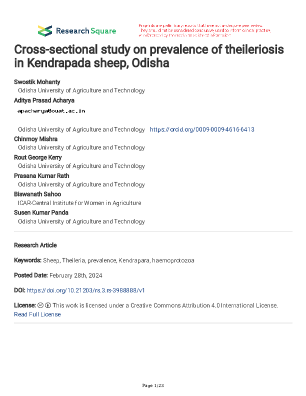 (PDF) Cross-sectional study on prevalence of theileriosis in Kendrapada ...