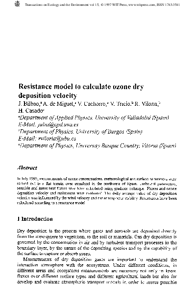 (PDF) Resistance model to calculate ozone dry deposition velocity