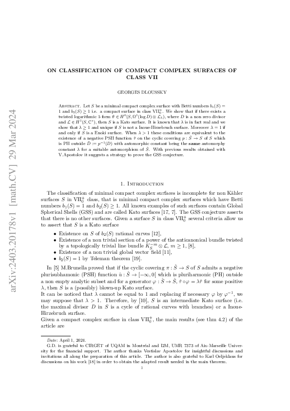 (PDF) On Classification of Compact Complex Surfaces of Class VII