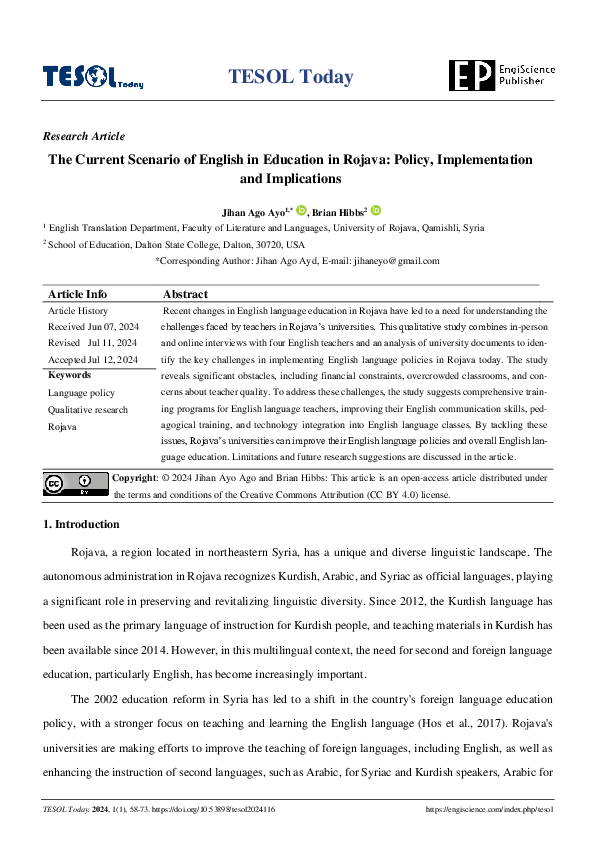 (PDF) The Current Scenario of English in Education in Rojava - Policy, Implementation and ...