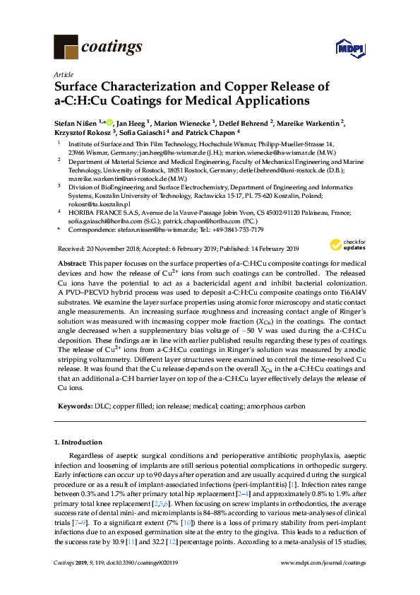 (PDF) Surface Characterization and Copper Release of a-C:H:Cu Coatings for Medical Applications