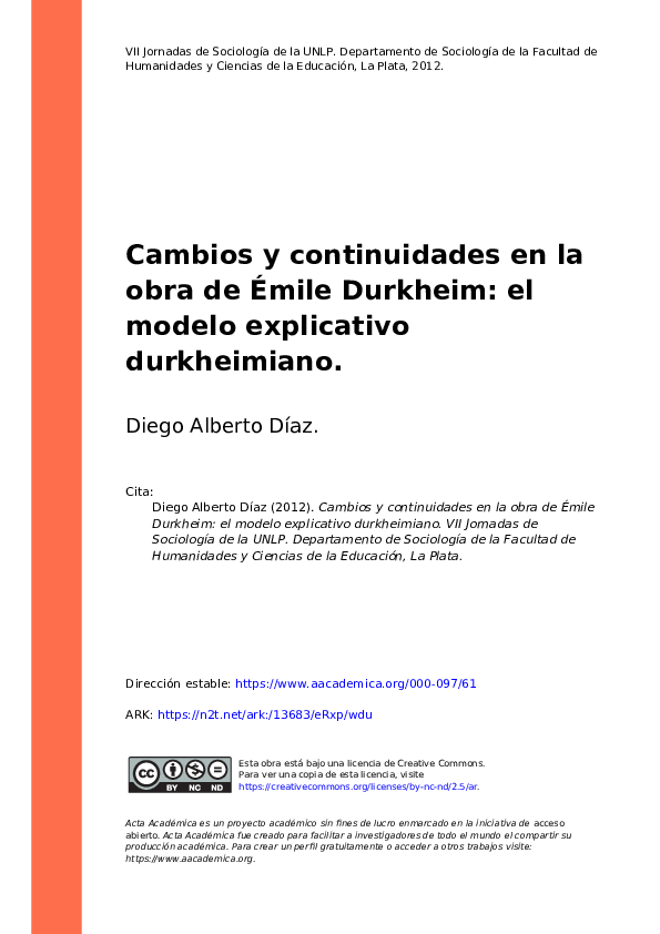 (PDF) Cambios y continuidades en la obra de Émile Durkheim: el modelo explicativo durkheimiano