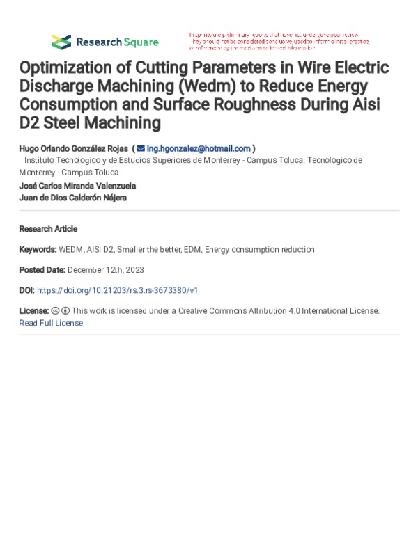 Pdf Optimization Of Cutting Parameters In Wire Electric Discharge