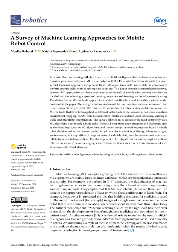 (PDF) A Survey of Machine Learning Approaches for Mobile Robot Control