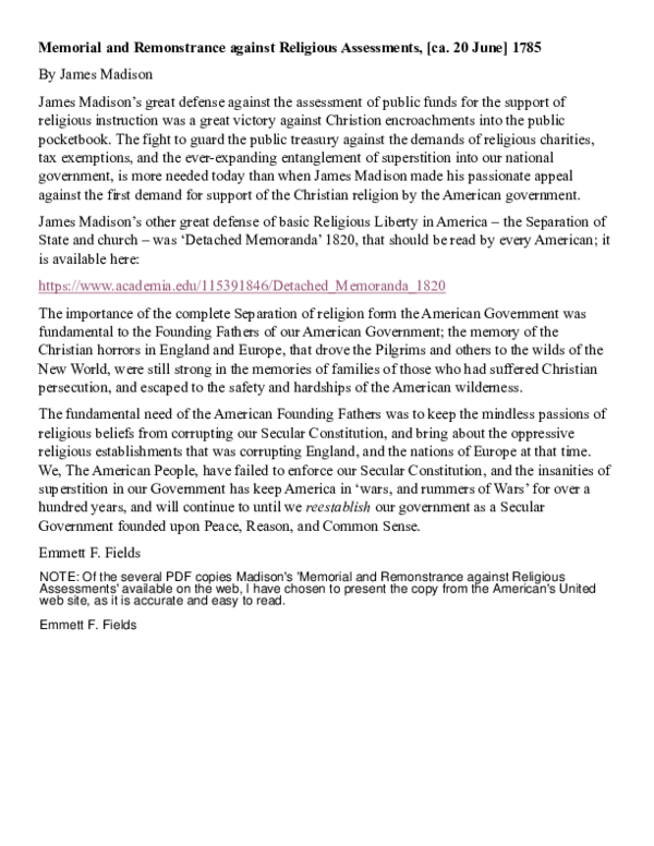 (PDF) Memorial and Remonstrance against Religious Assessments