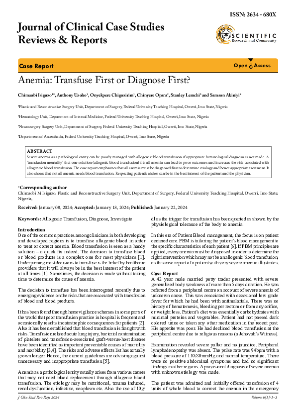 (PDF) Anemia: Transfuse First or Diagnose First? | chimaobi Isiguzo ...