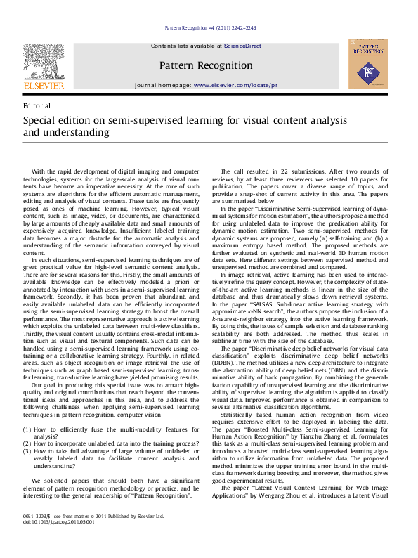 (PDF) Special edition on semi-supervised learning for visual content analysis and understanding