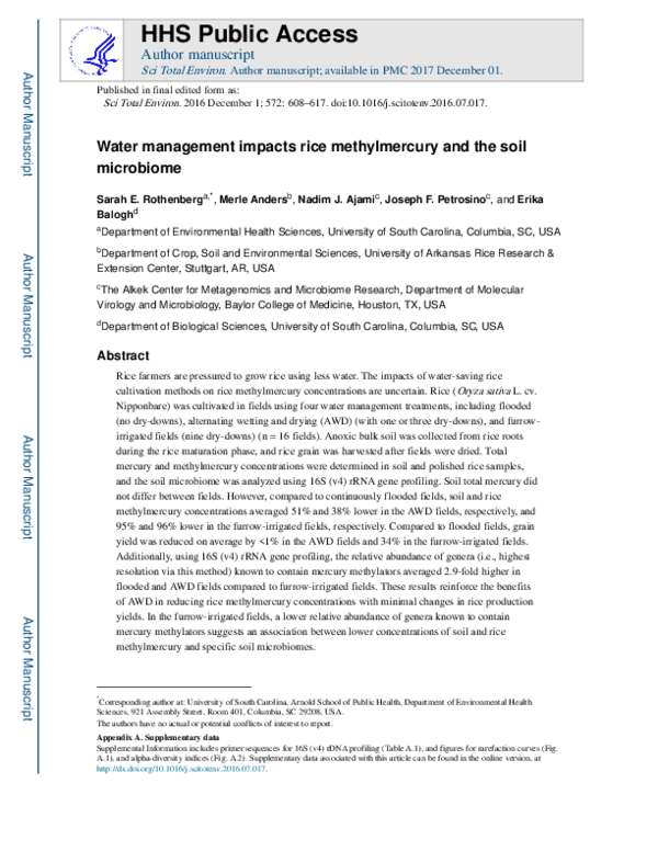 Water management impacts rice methylmercury and the soil microbiome