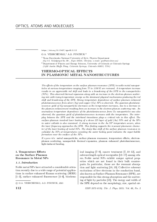 (PDF) Thermo-Optical Effects in Plasmonic Metal Nanostructures
